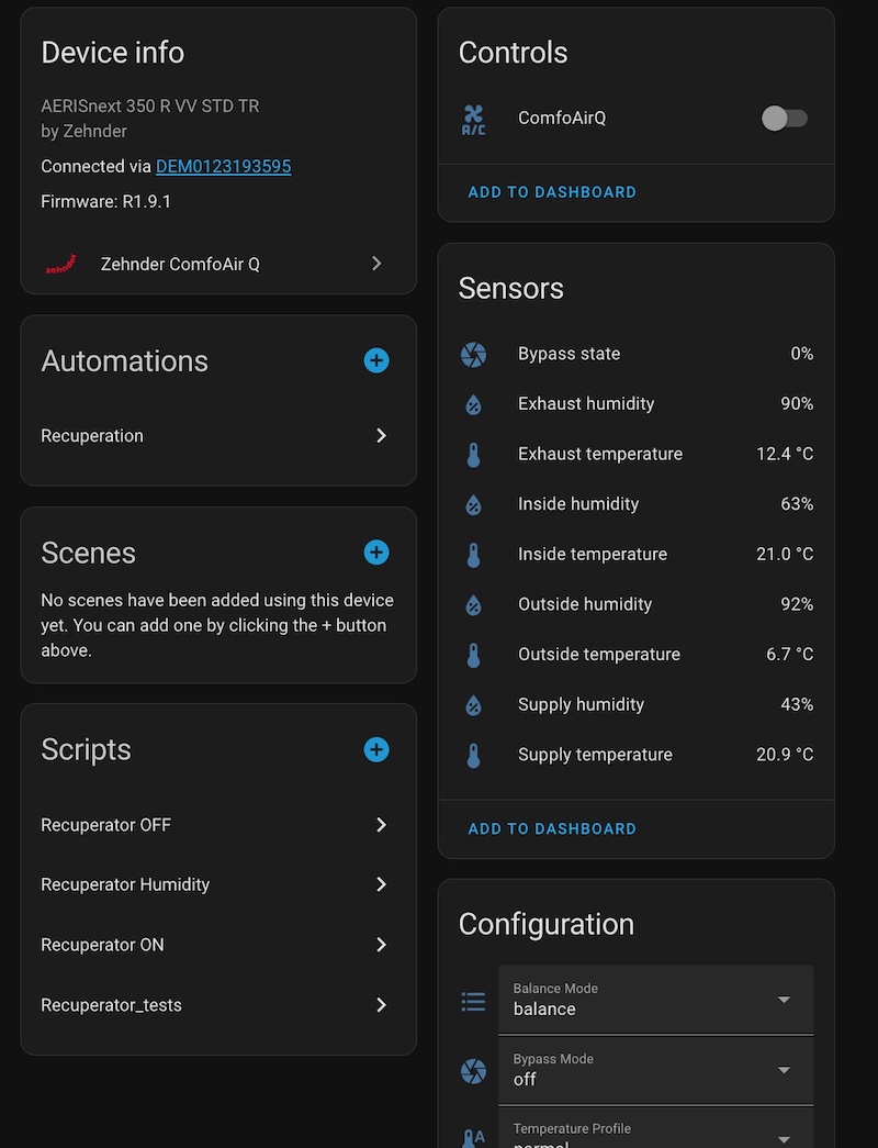 Integration AERIS next 350/ Zehnder recuperator with Home Assistant ...